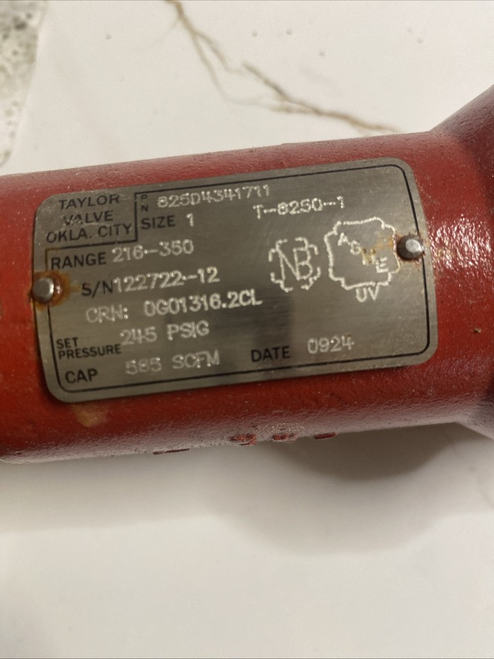 1”TAYLOR Valve 82E4351311 Relief Valve 1" T-8250-1 245 PSIG 585scfm | eBay