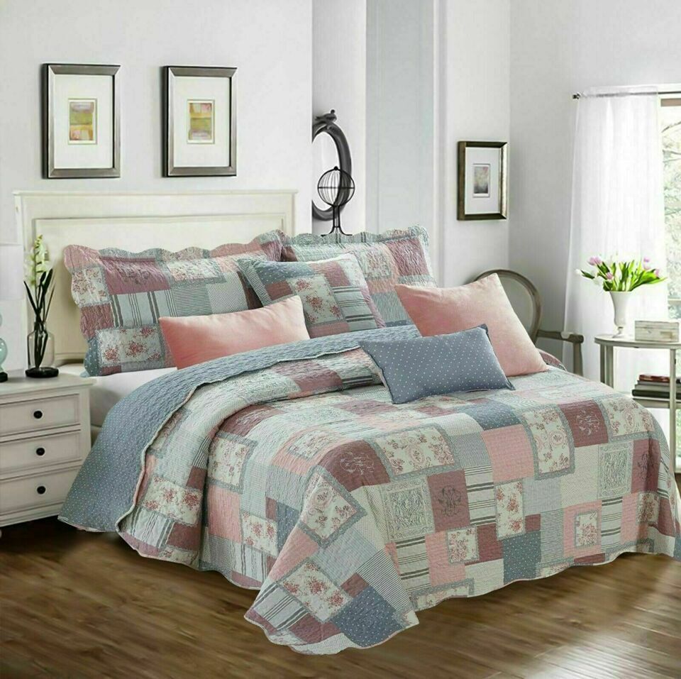 New Luxury 3Piec Quilted Patchwork Bedspread Throw Double King Size ...