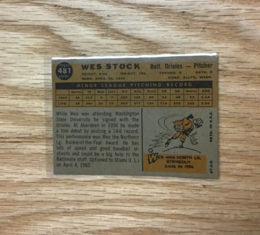1960 Topps Baseball Wes Stock Baltimore Orioles Card #481 | eBay