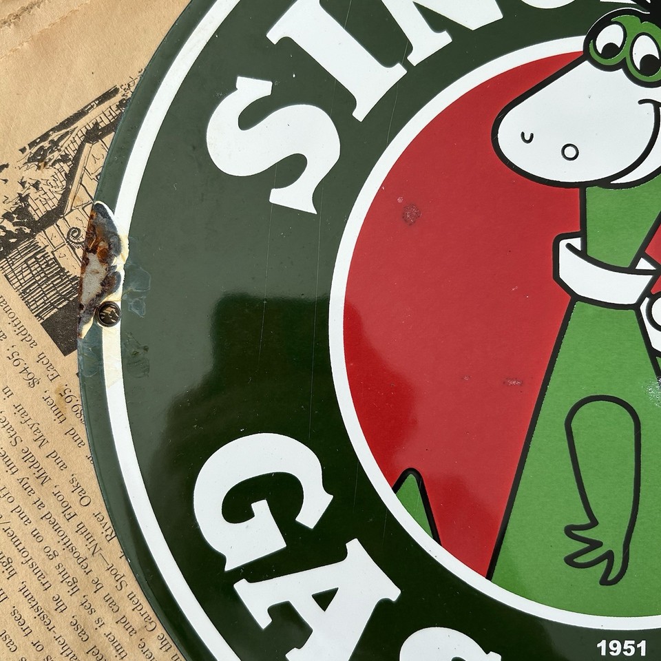 VINTAGE 1951 SINCLAIR GASOLINE DINO FUEL PUMP 12 INCH PORCELAIN ENAMEL ...