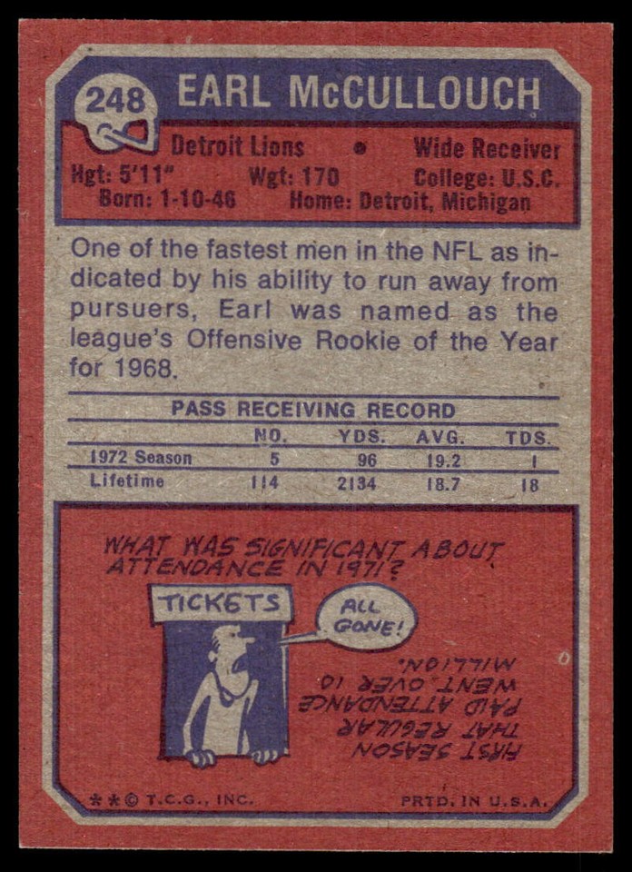 1973 Topps Earl McCullouch #248 Detroit Lions Football Card | eBay