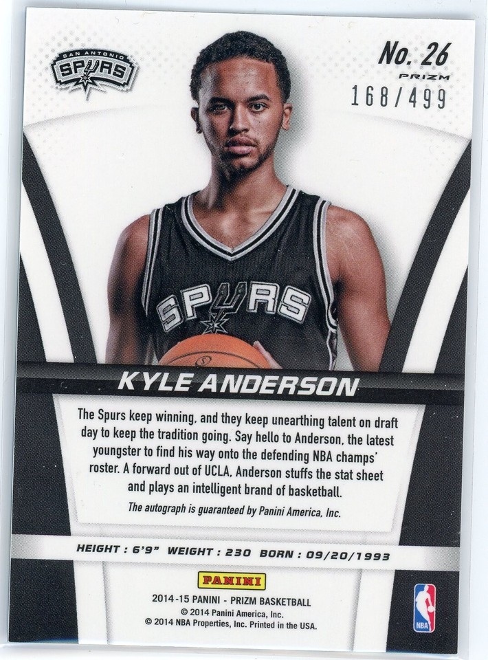 2014-15 Panini Prizm KYLE ANDERSON /499 Rookie RC Blue AUTO ...