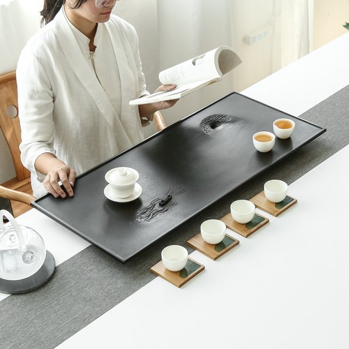 black stone tea tray hand carved Zen style boat shape embossed tea ...