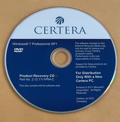 CERTERA WINDOWS 7 PROFFESSIONAL SP1 64 Bit DVD Disc Part No 2.12 ...