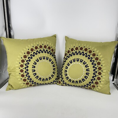 Set of 2 Pier 1 Throw Pillows 15” X 15” Square Green Mandela ...