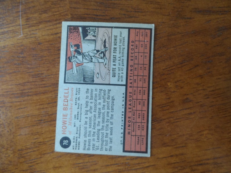 1962 TOPPS BASEBALL #76 HOWIE BEDELL MILWAUKEE BRAVES EX B-782 | eBay