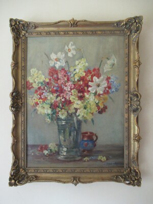 Large Mid Century Floral Still Life Impressionist Oil Painting J RHODES ...