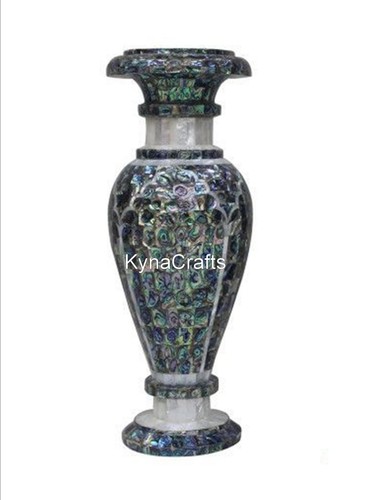 12 Inches White Marble Flower Pot Abalone Shell Overlay Work Home Decor ...