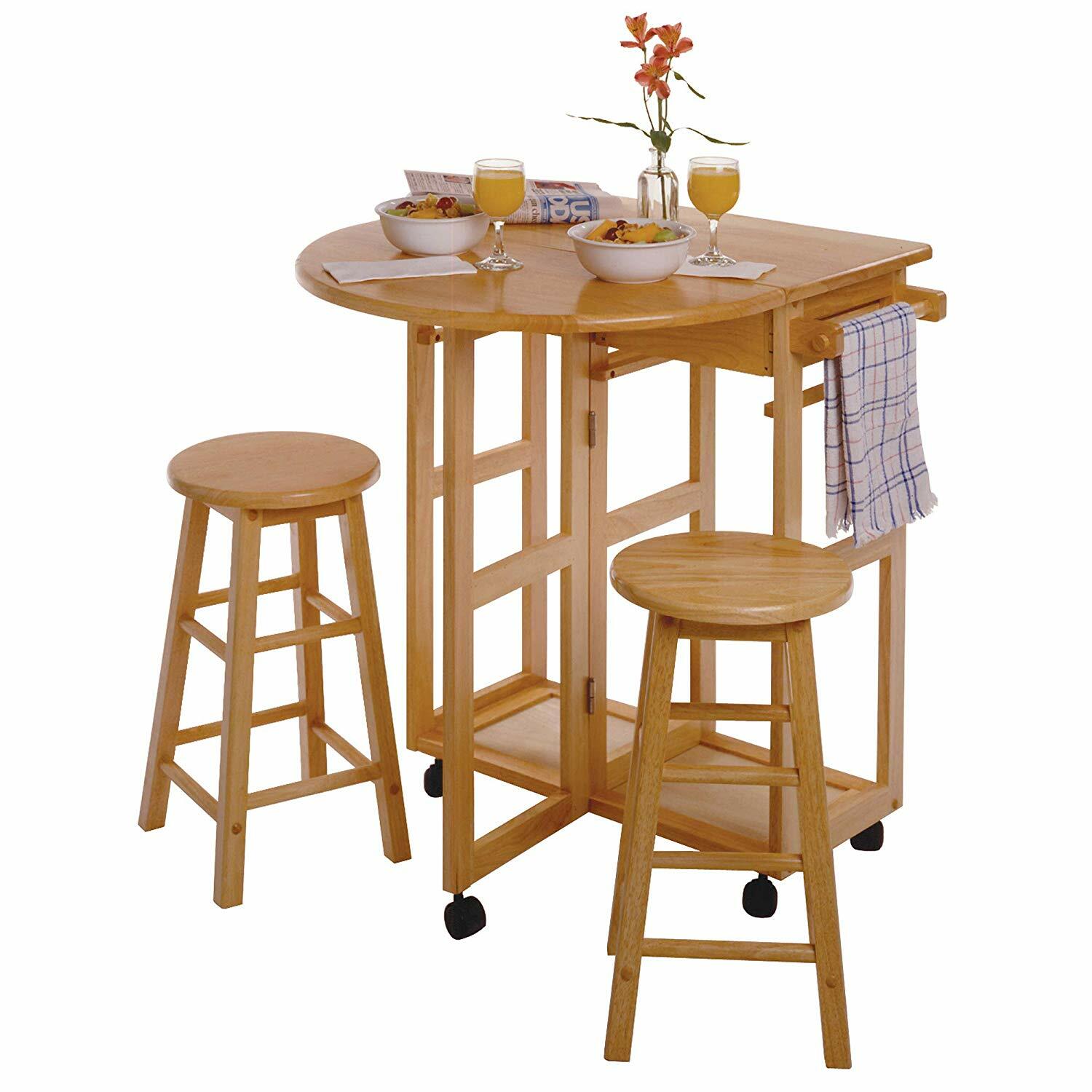 Natural Wooden Breakfast Cart Set Pub Dining Table Stools Rolling ...