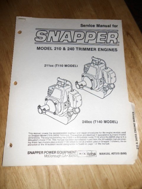 NOS Snapper Service Manual 210 240 Trimmer Engine 211CC T110 Models 9/ ...