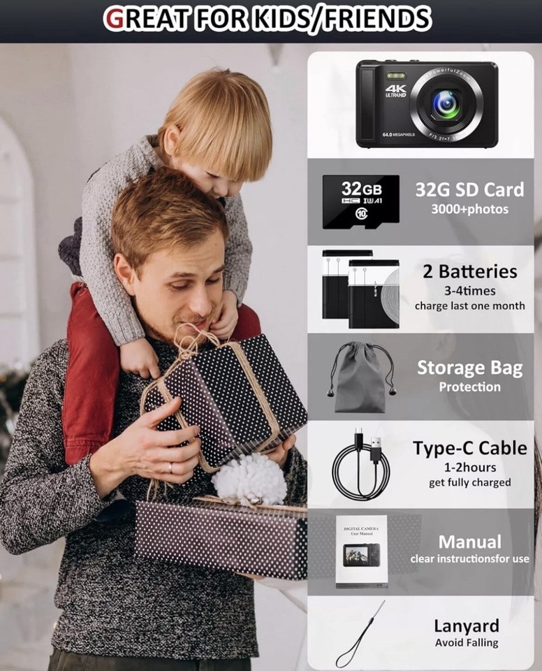 Digital Camera 4K 64MP Digital Camera with 32G SD Card Autofocus Cam | eBay