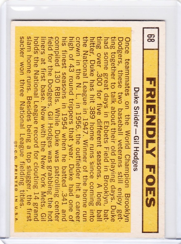 PD: 1963 Topps Baseball Card #68 Friendly Foes Duke Snider & Gil Hodges ...