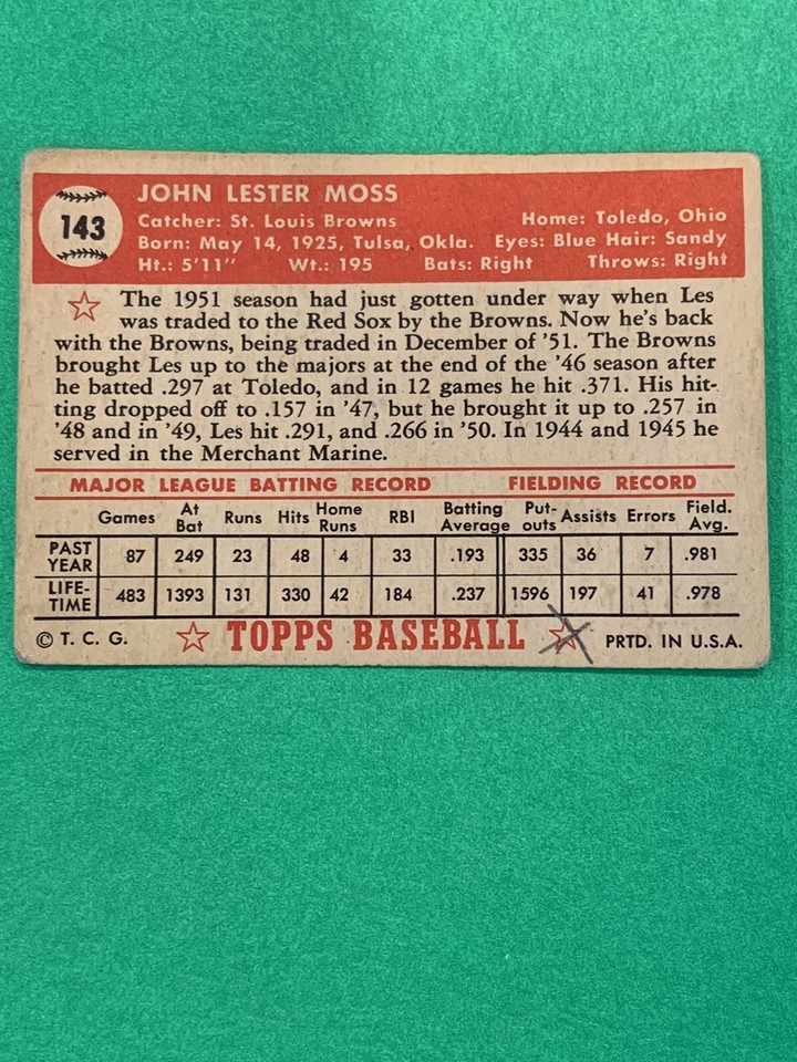1952 TOPPS #143 "RED BACK" LES MOSS, ST. LOUIS BROWNS, VG | eBay