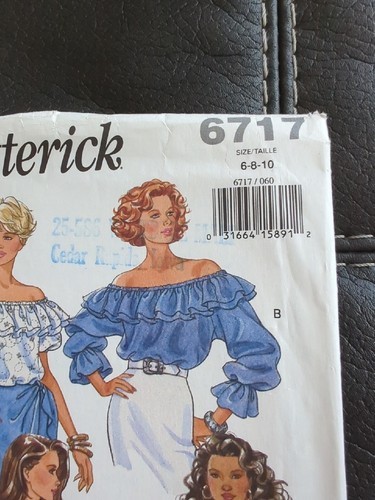 Butterick 6717 Sewing Pattern Ruffle Peasant Top Shirt Misses Sizes 6 ...