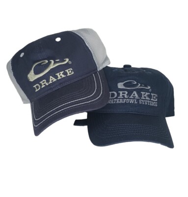 2x NEW DRAKE WATERFOWL LOGO CAPS MESH Blue/White & COTTON TWILL NAVY ...