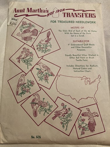 Vintage Aunt Martha's Iron On Transfers #626 50 St Birds & 50 State ...