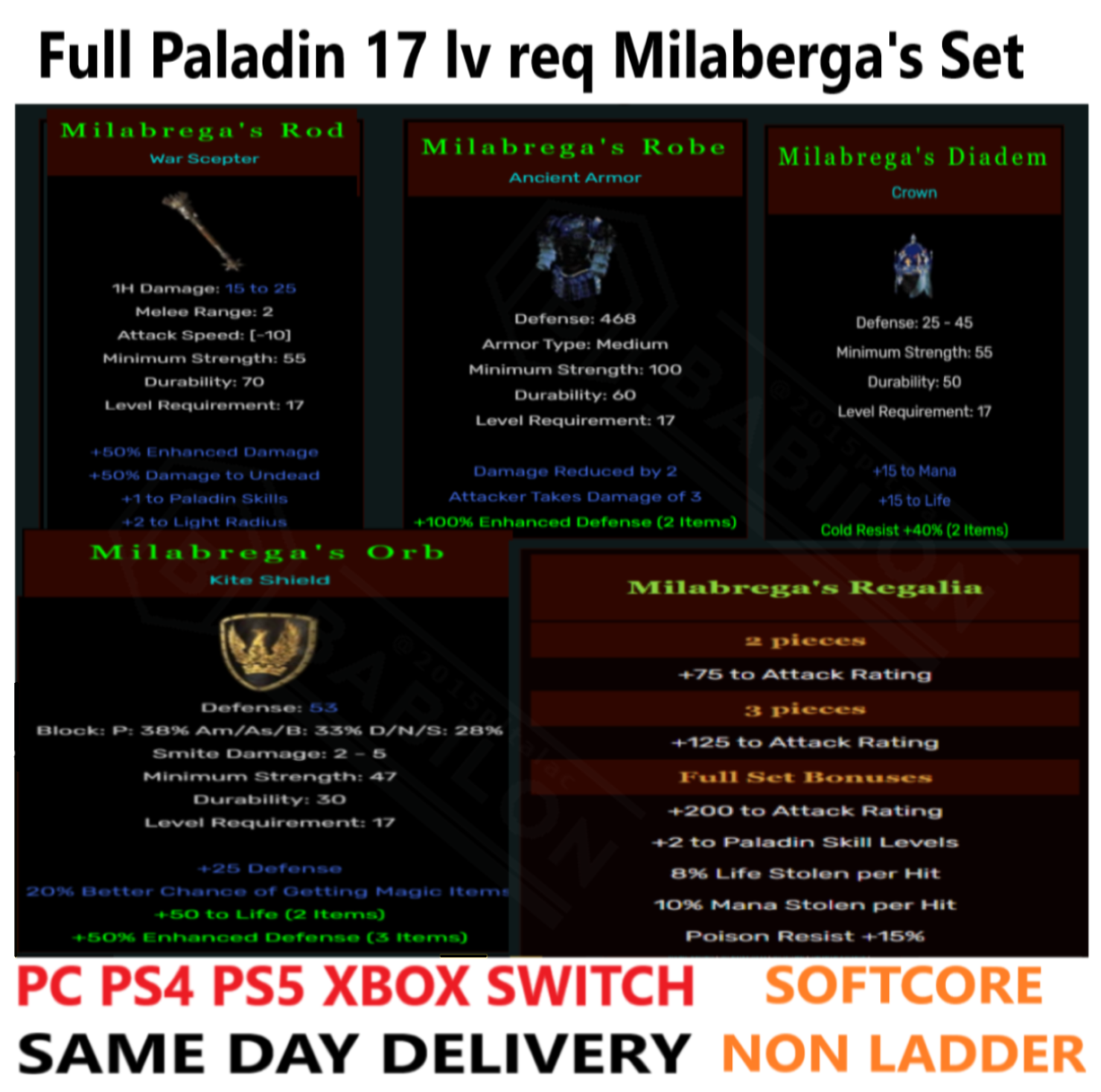 PC PS4 PS5 XBOX SWITCH Milabrega's 2 sk Set DIABLO 2 RESURRECTED D2R ...