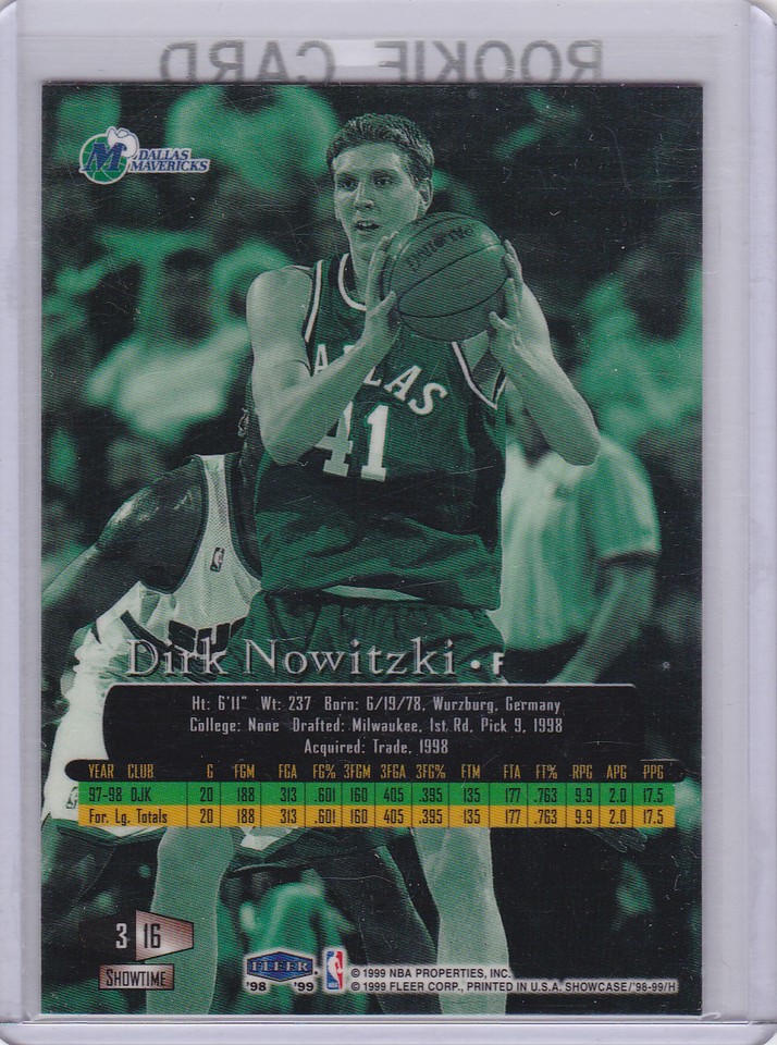 Dirk Nowitzki RC Dallas Mavericks ROOKIE CARD 1998 Flair Showcase ...