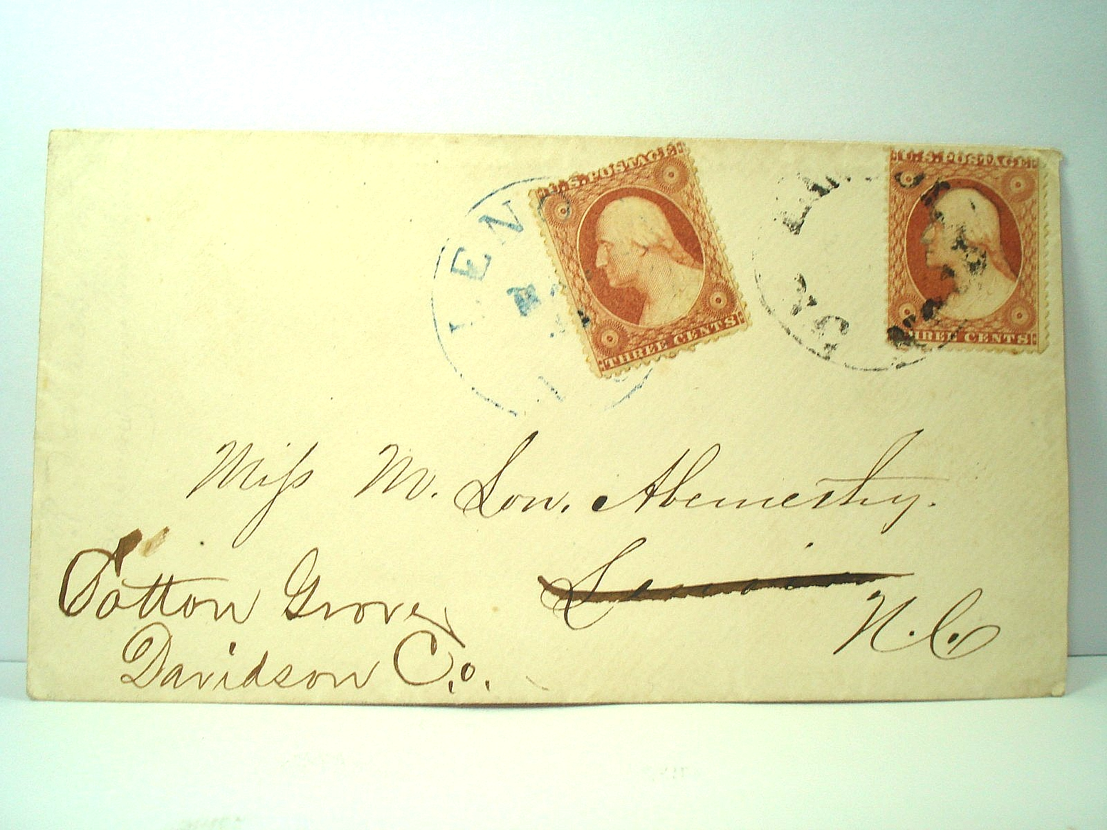 1850's FORWARDED TO COTTON GROVE DAVIDSON COUNTY NC Cover + (2) U.S ...