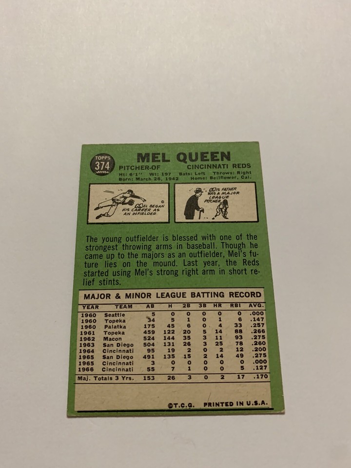 1967 Topps #374 Mel Queen - Cincinnati Reds - EX | eBay
