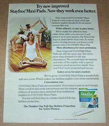 1976 print ad page -Stayfree feminine maxi-pads Yoga Girl in leotard ...