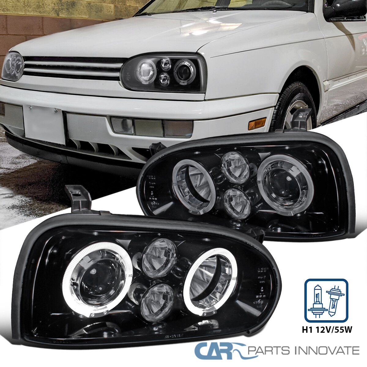 Fit 1993-1998 VW Golf MK3 95-98 Cabrio LED Halo Projector Headlights ...