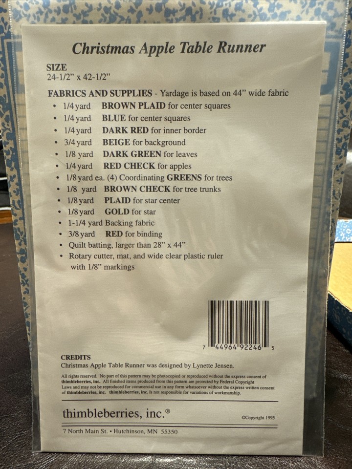 Thimbleberries Inc Christmas Apple Table Runner Pattern Pieced Quilt | eBay