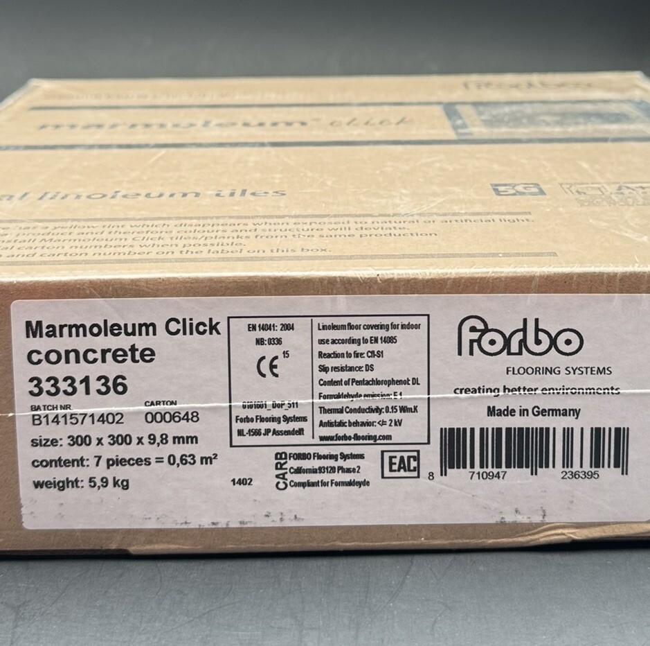 FORBO Marmoleum Click “CONCRETE” - 7 Natural Linoleum Square Tiles ...
