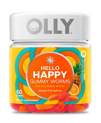 OLLY Hello Happy Gummy Worms Saffron 60 Count Tropical Zing Flavor ...