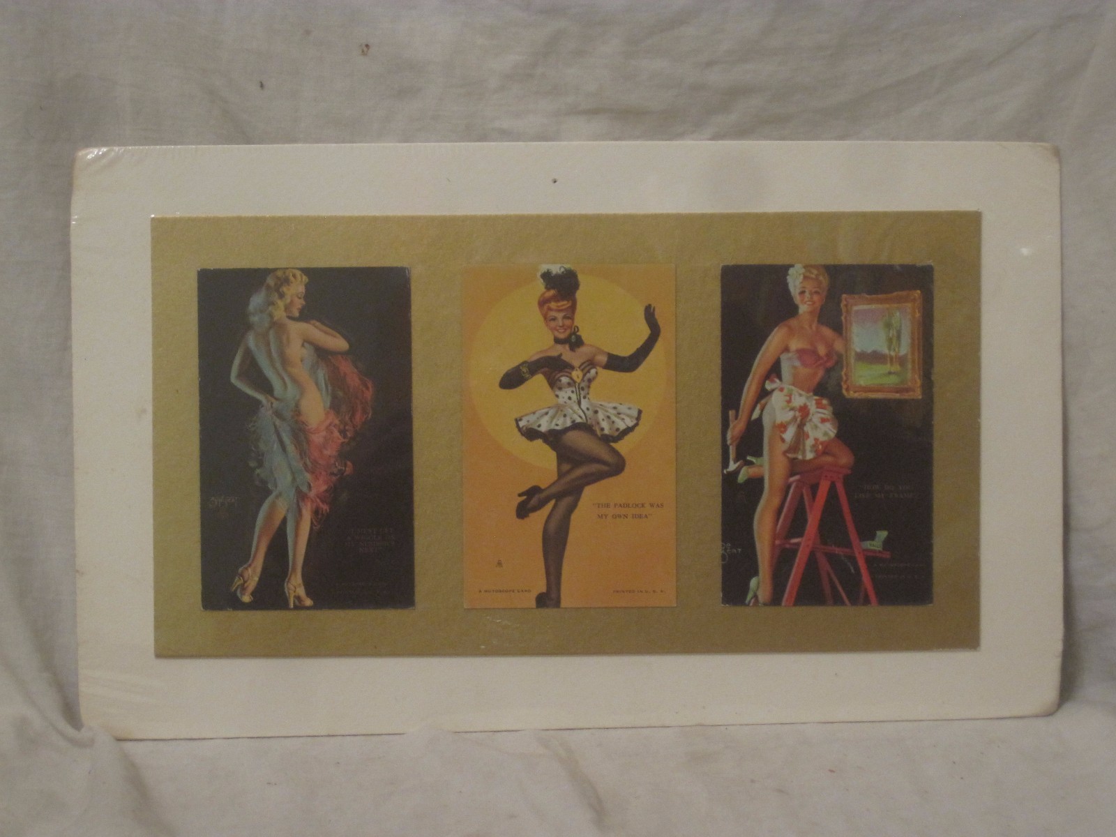 3 mounted Mutoscope cards Wiggle On Padlock Idea Frame vintage pin up ...