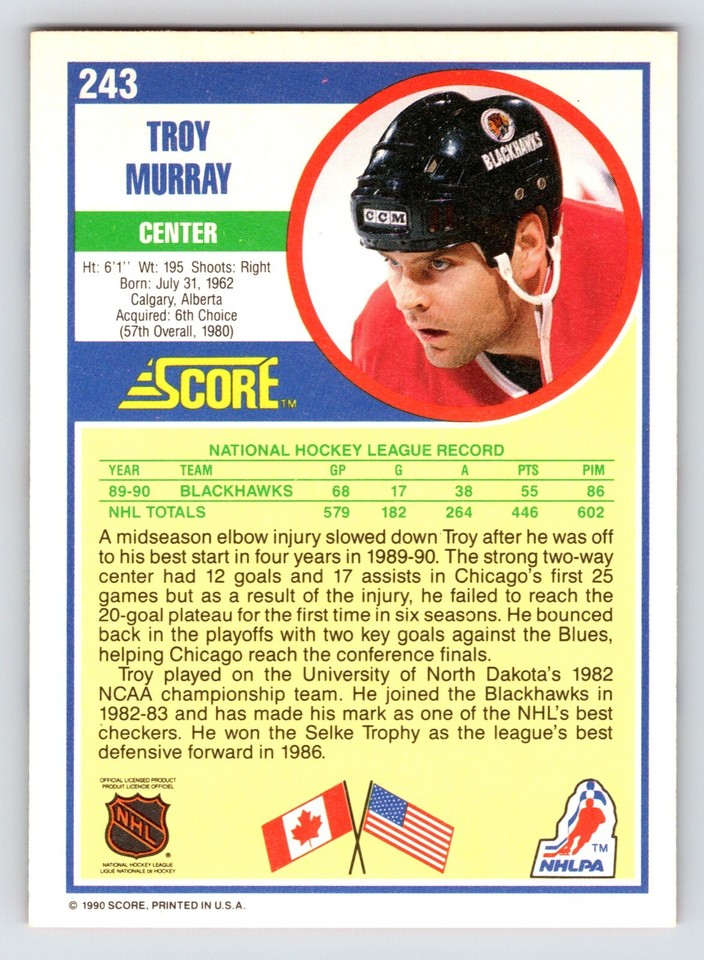 Trade Card 1990 Score Hockey Troy Murray #243 NHL Chicago Blackhawks ...