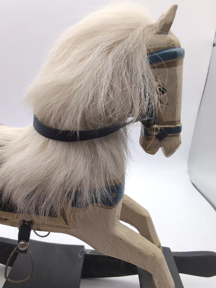 Vintage Wooden Rocking Horse White Blue Hand Painted Fur Mane 10 ...