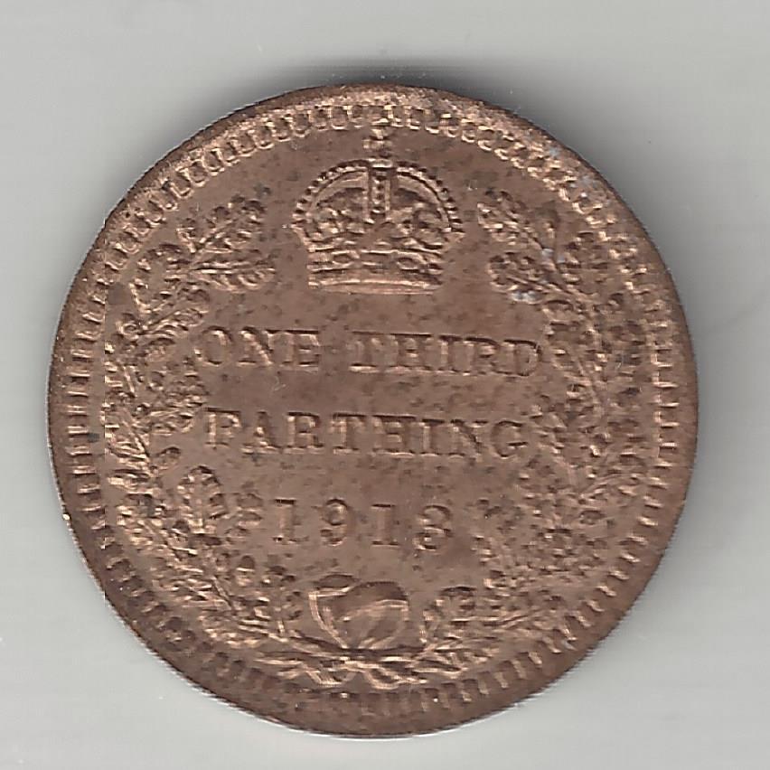 GREAT BRITAIN, 1913, 1/3 FARTHING, BRONZE, KM#823, BRILLIANT ...