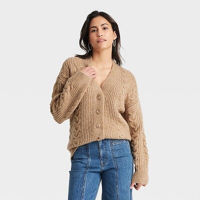 Women's Cozy Knit Cable Stitch Cardigan - Universal Thread Tan XL | eBay