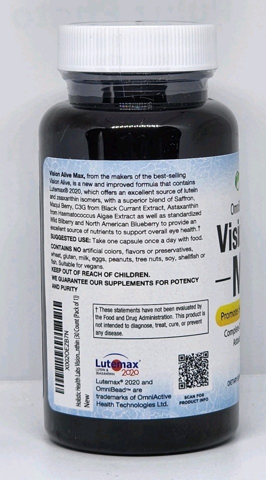 Holistic Health Labs Vision Alive MAX 30 Vegetarian Capsules New Exp ...