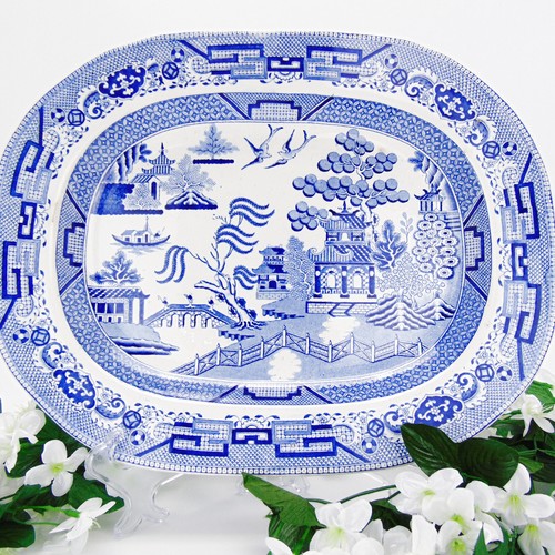 Antique Blue & White Willow Pattern Ceramic Meat Serving Plate / Tray ...