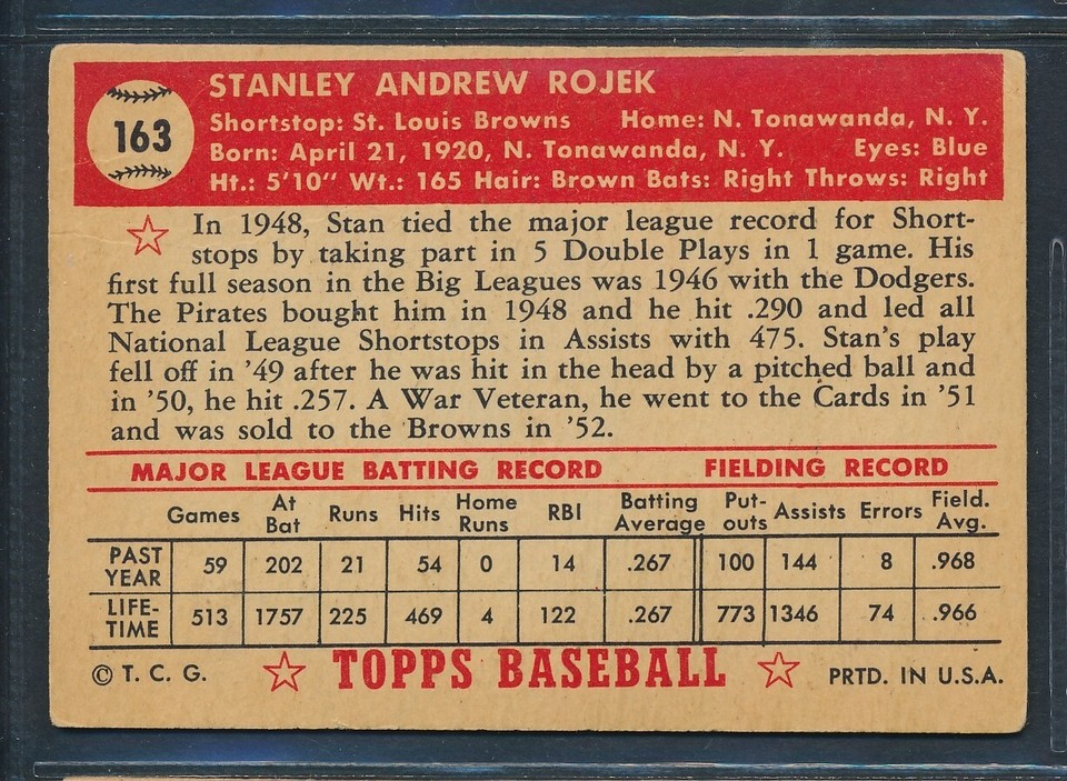 1952 Topps Set-Break #163: STAN ROJEK St. Louis Browns ~ VG | eBay