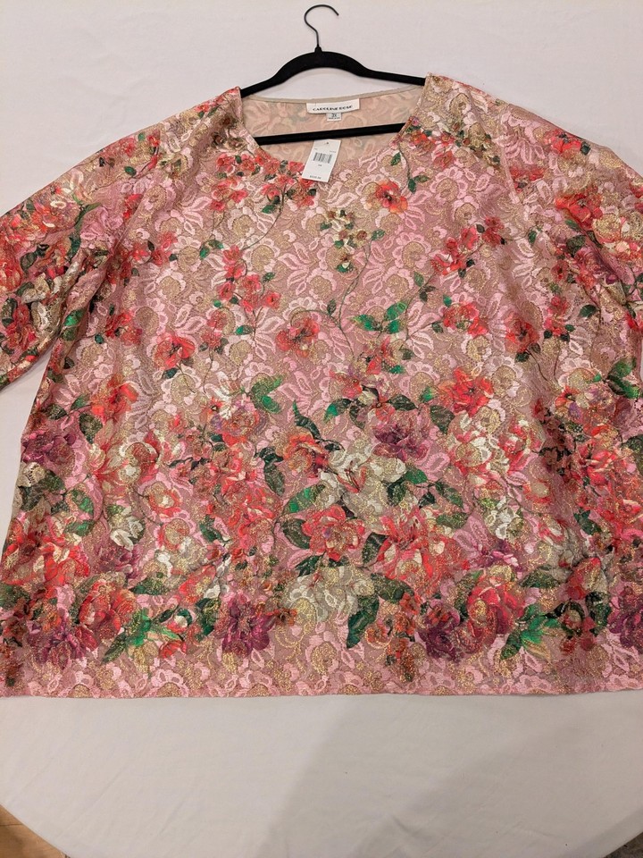 Caroline Rose Shirt Womens 3X Pink Multi Floral Metallic Brocade Tunic ...