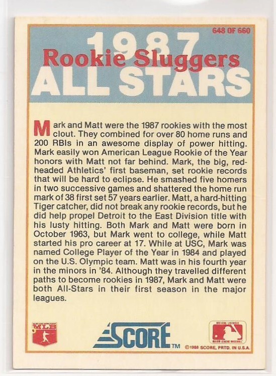 1988 Score Baseball All Stars Rookie Sluggers Mark McGwire Matt Nokes ...