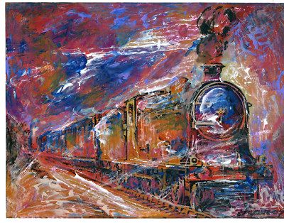 10" Pastel Art Railroad Red Blue Steam Locomotive Train Station Drawing ...