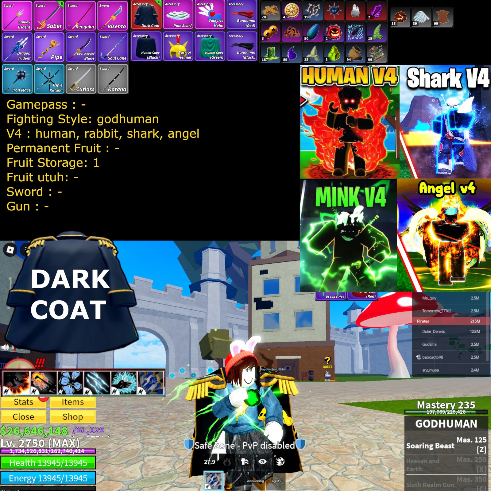 Blox Fruit LV2750 Rabbit V4 SHARK V4 ANGEL V4 HUMAN V4 GODHUMAN DARK ...