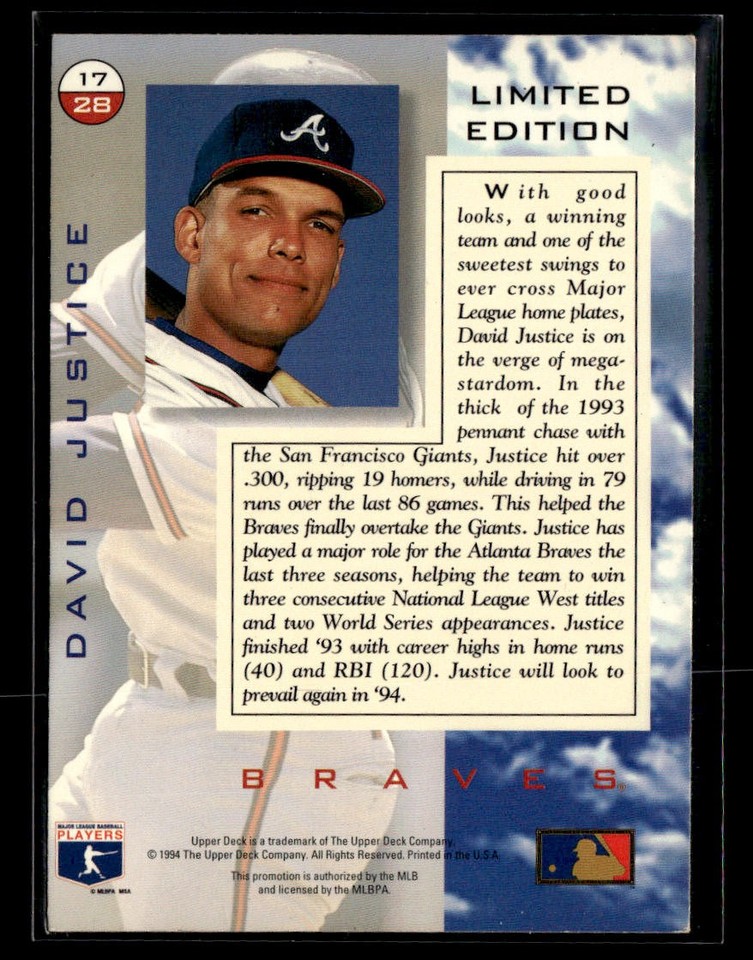 1994 Upper Deck Denny's Holograms #17 David Justice Card Atlanta Braves ...