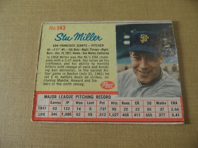 2A-118 1962 Post cereal baseball card #143 Stu Miller SAN FRANCISCO ...