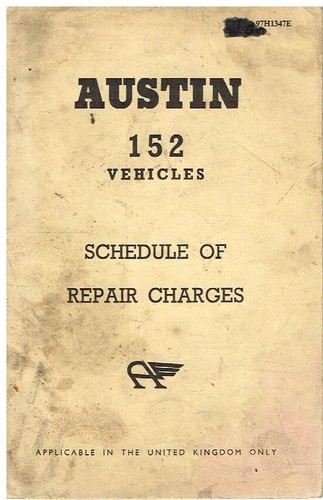 AUSTIN 152 SERIES ORIGINAL 1961 FACTORY SCHEDULE OF REPAIR CHARGES ...