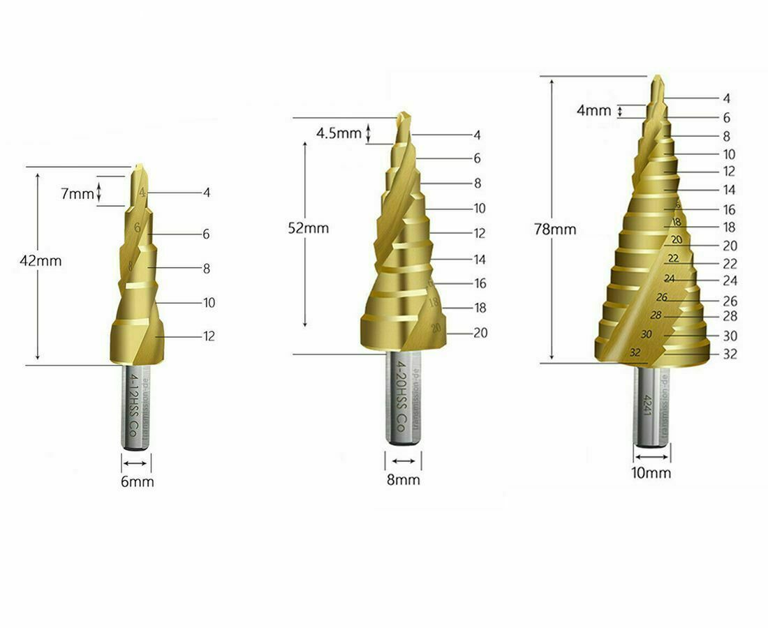 3 Pcs HSS Steel Step Cone Drill Titanium Metal Hole Cutter Bit Set 4-12 ...