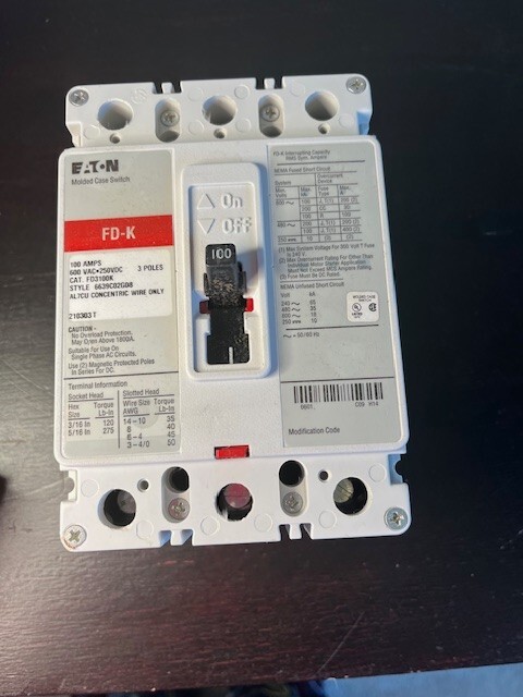 Eaton FD3100K 100A Circuit Breaker 600VAC 3 Pole 6639C02G08 NEW | eBay