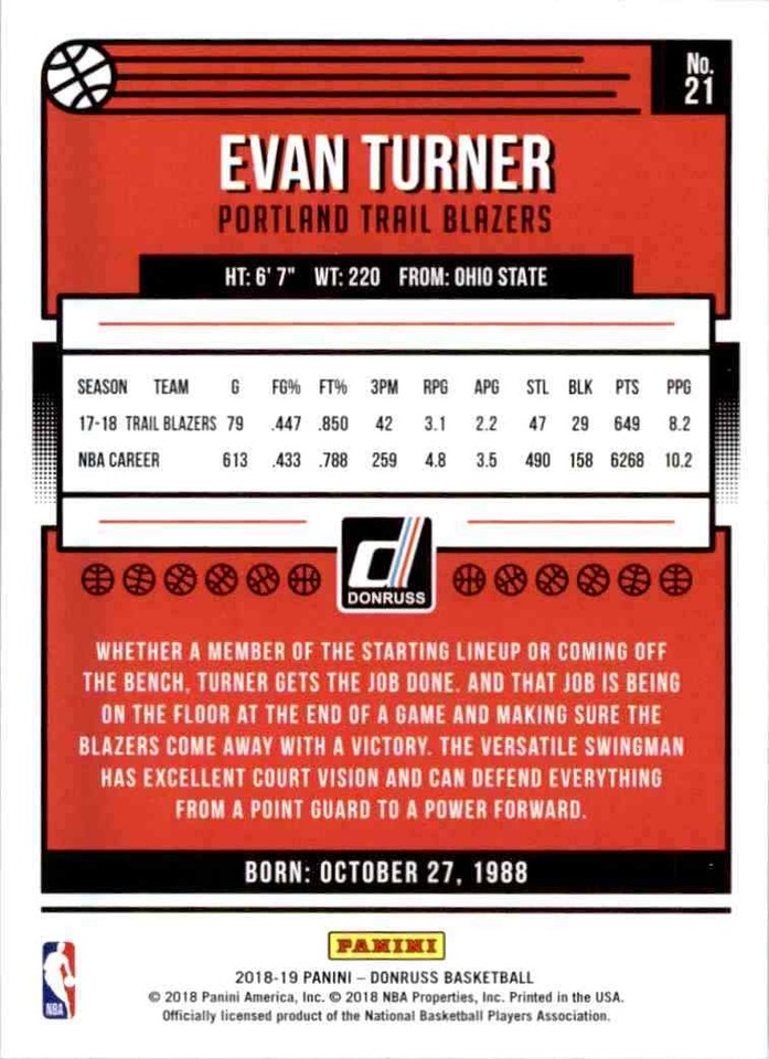2018-19 Donruss Evan Turner Portland Trail Blazers #21 | eBay