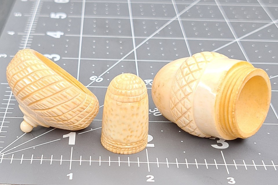 Antique Carved Bovine Bone Acorn Shaped Thimble Case w/ Carved Thimble ...