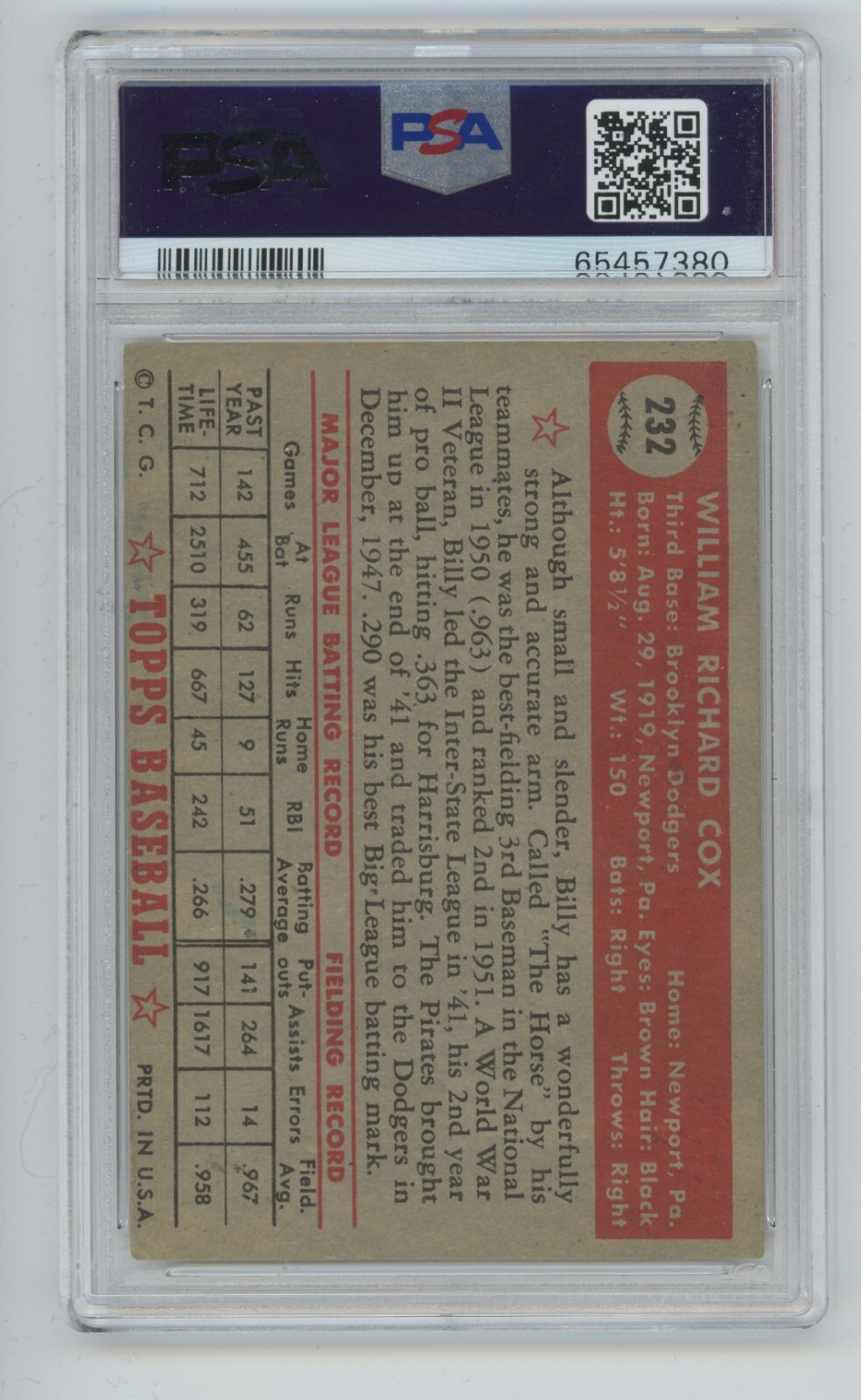 1952 Topps - #232 Billy Cox for sale online | eBay