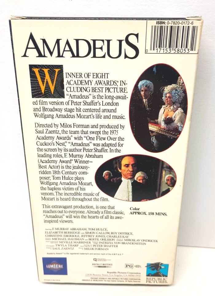 Amadeus (1984) (VHS, 1993) F. MURRAY ABRAHAM TOM HULSE RARE REPUBLIC ...